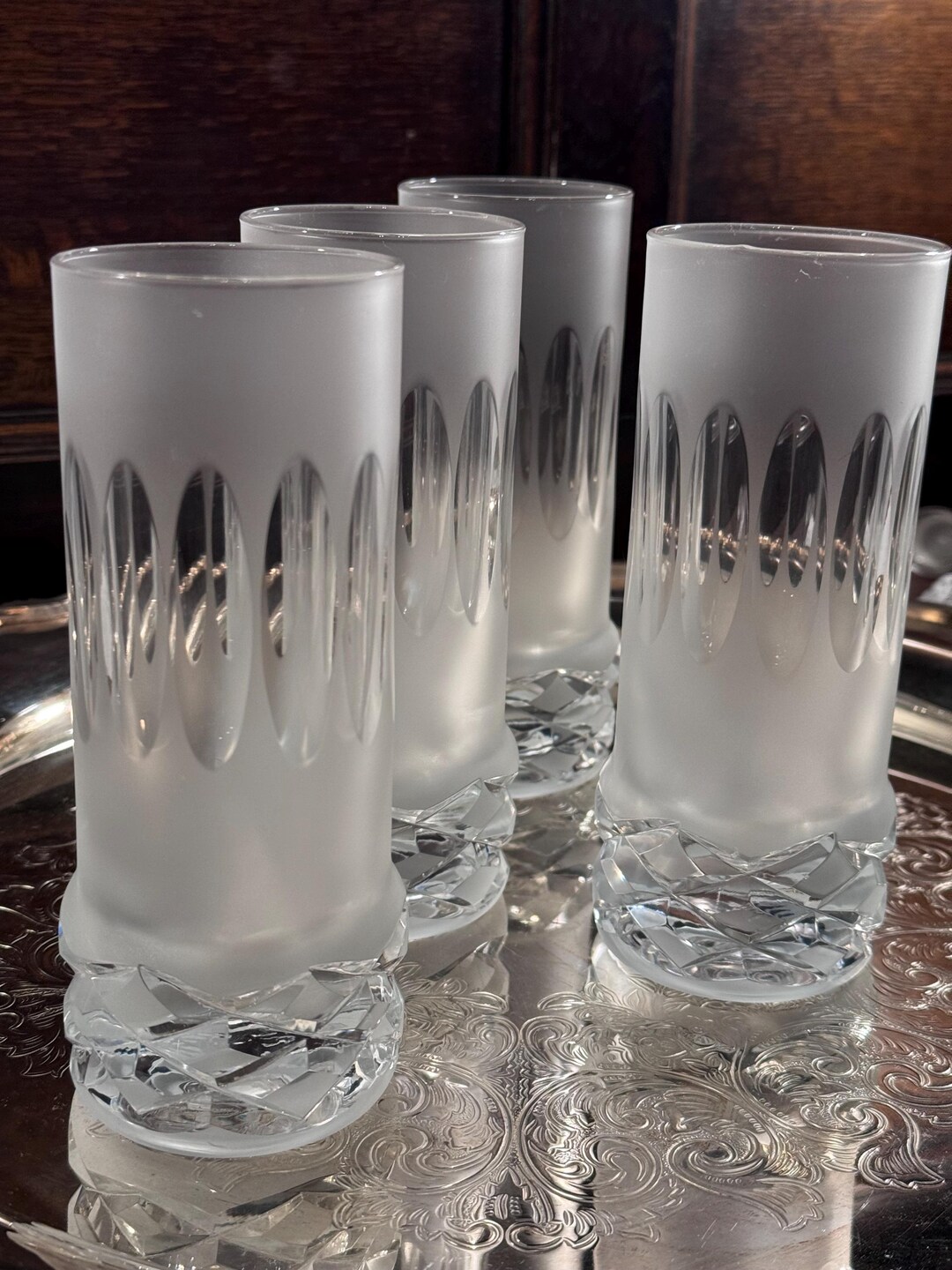 Italian Art Deco Cocktail Set/4 Highball Glasses, Frosted W/cut-to ...
