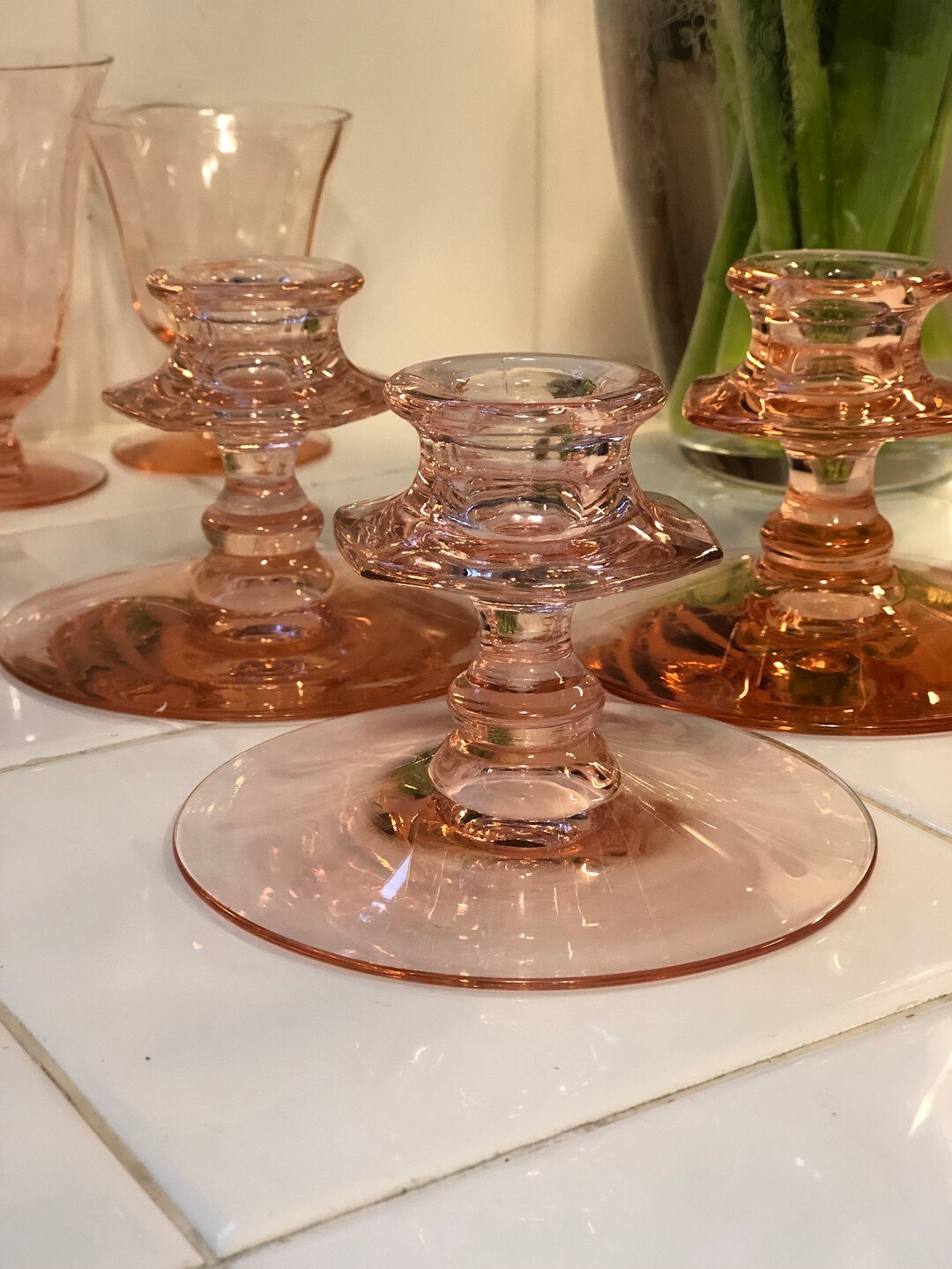 Fostoria fairfax Pink, Line 2375 Set/three 3 Candleholders, Tea Party ...