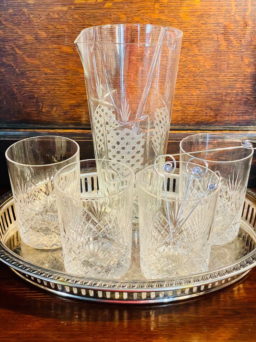 Antique Crystal Cocktail Pitcher Set: Star Cane Fan Cut, 4 Whiskey ...