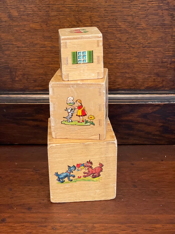 Mid-Century Wooden Nested Nursery Blocks Set/3, Anima… - Gem