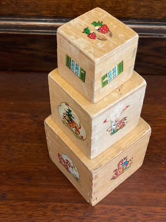 Mid-Century Wooden Nested Nursery Blocks Set/3, Anima… - Gem