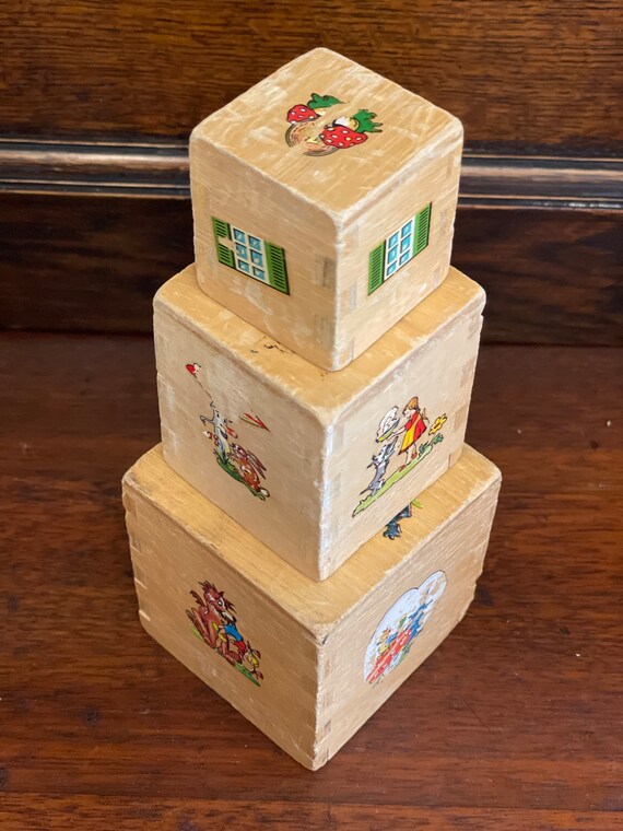 Mid-Century Wooden Nested Nursery Blocks Set/3, Anima… - Gem