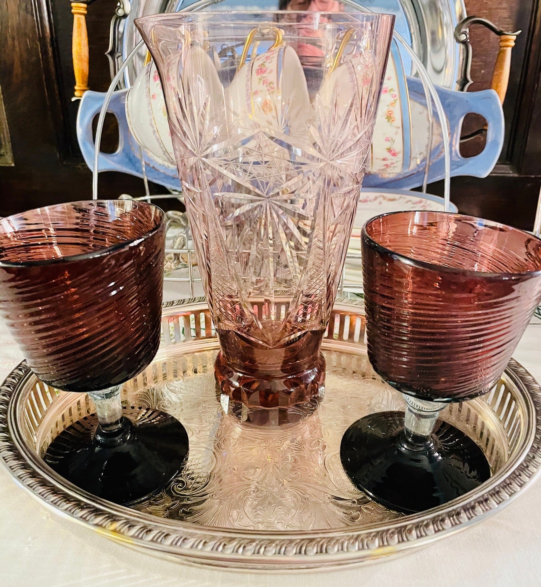 Vintage Amethyst Crystal Cocktail Mixing Pitcher & Coordinating Stemmed ...