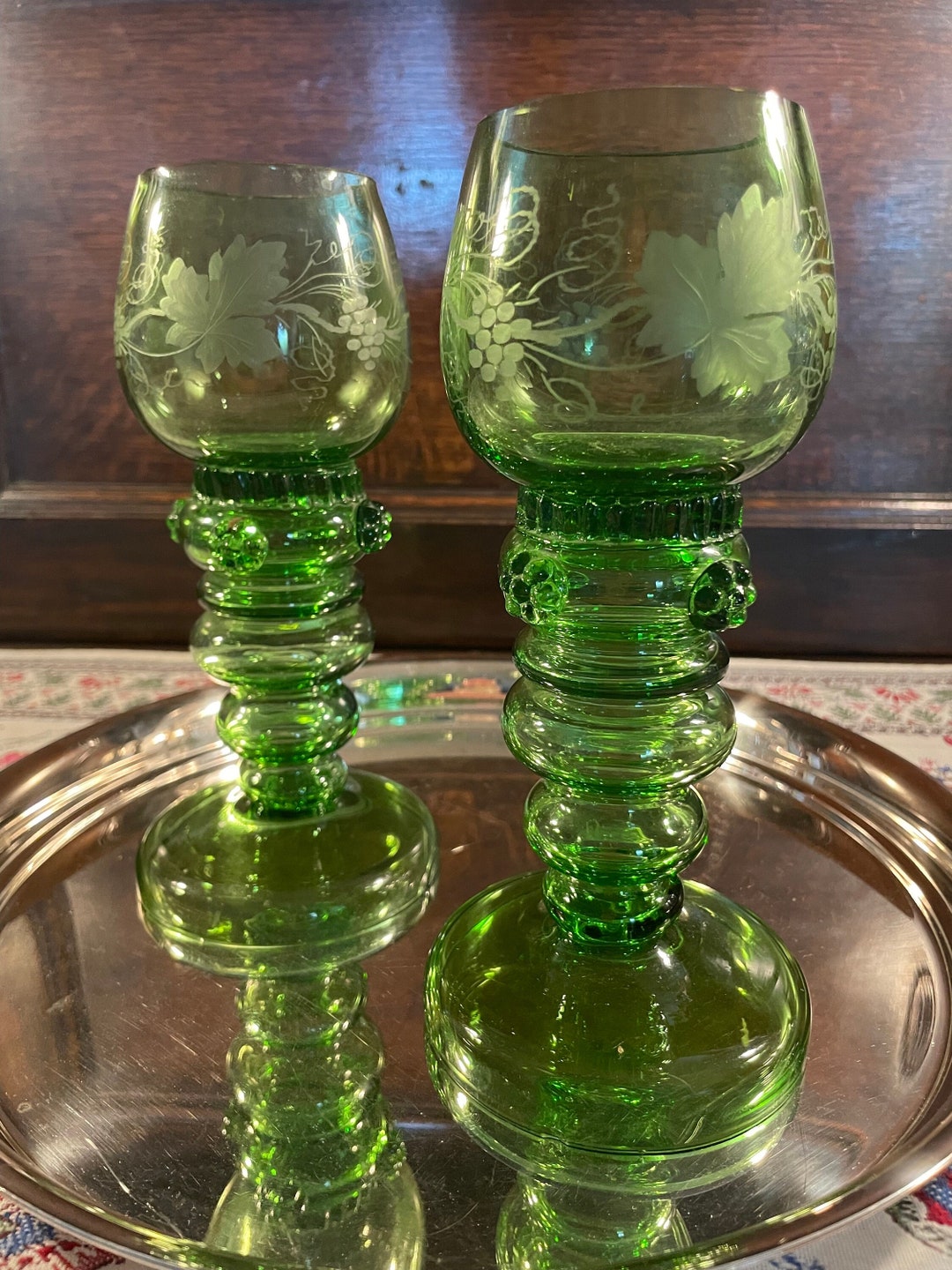 Antique Theresienthal Baluster Stem Etched Green W/attached Prunts ...