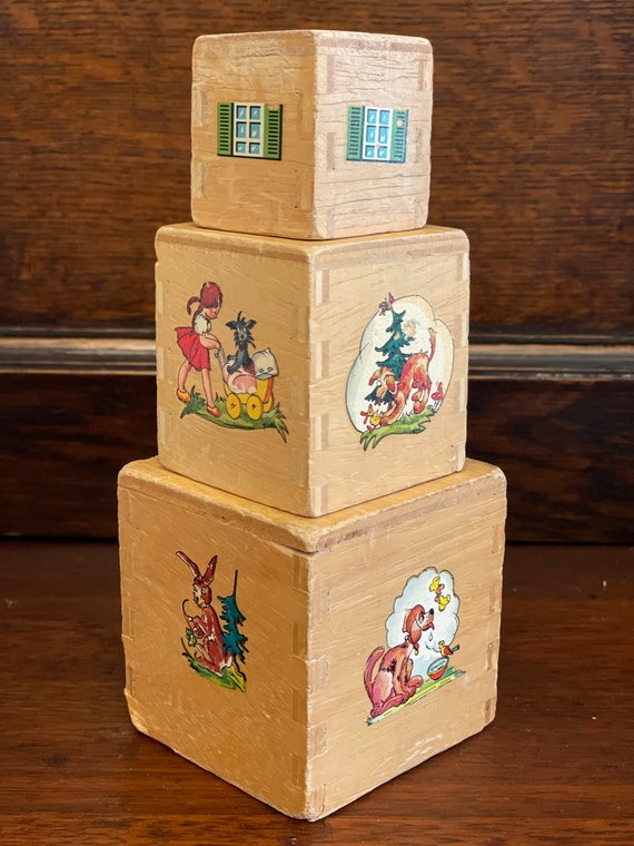 Mid-Century Wooden Nested Nursery Blocks Set/3, Anima… - Gem