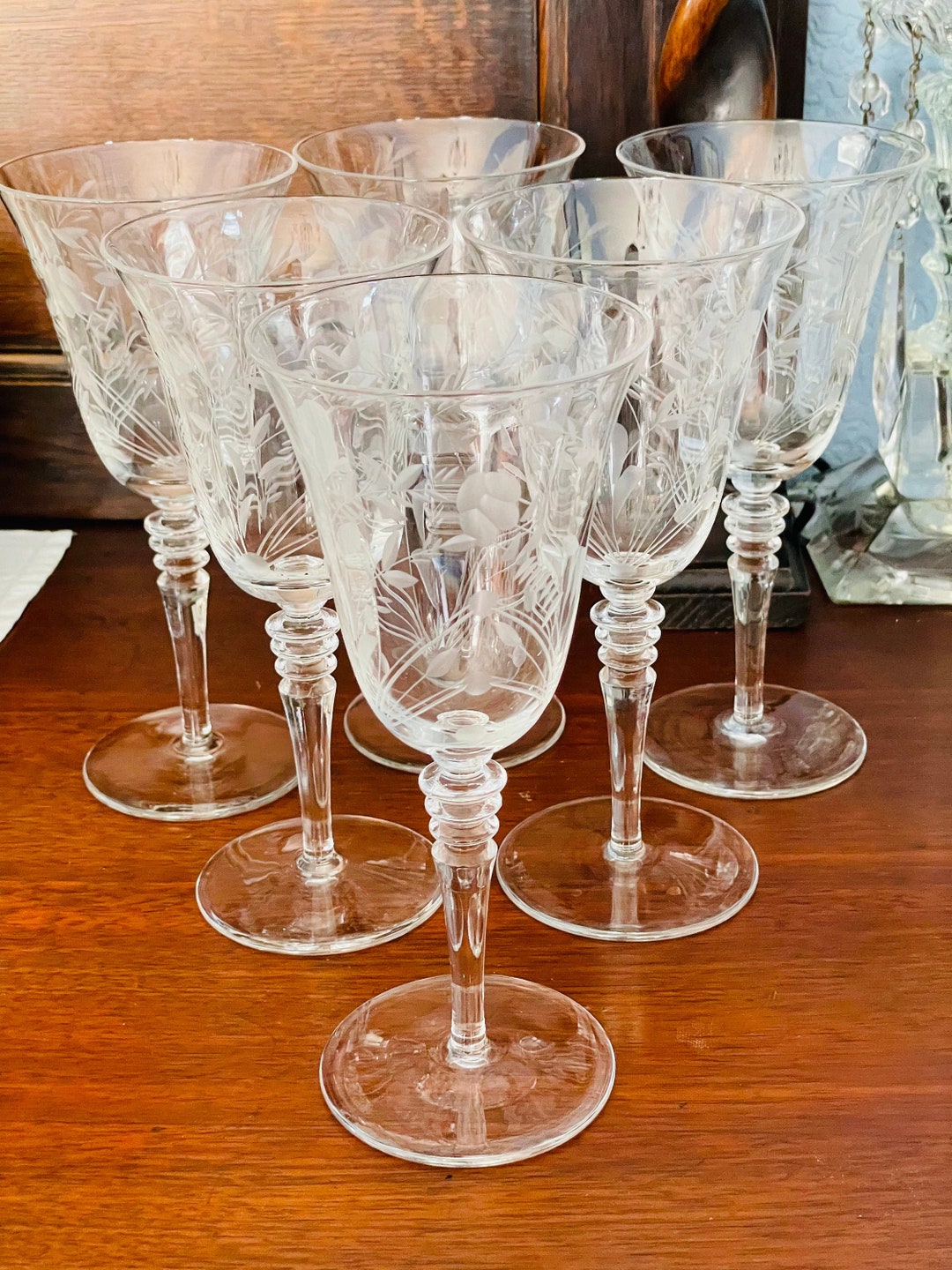 Rock Sharpe Art Deco Crystal Goblets - Floral Etched Stemware, Set of 4 ...