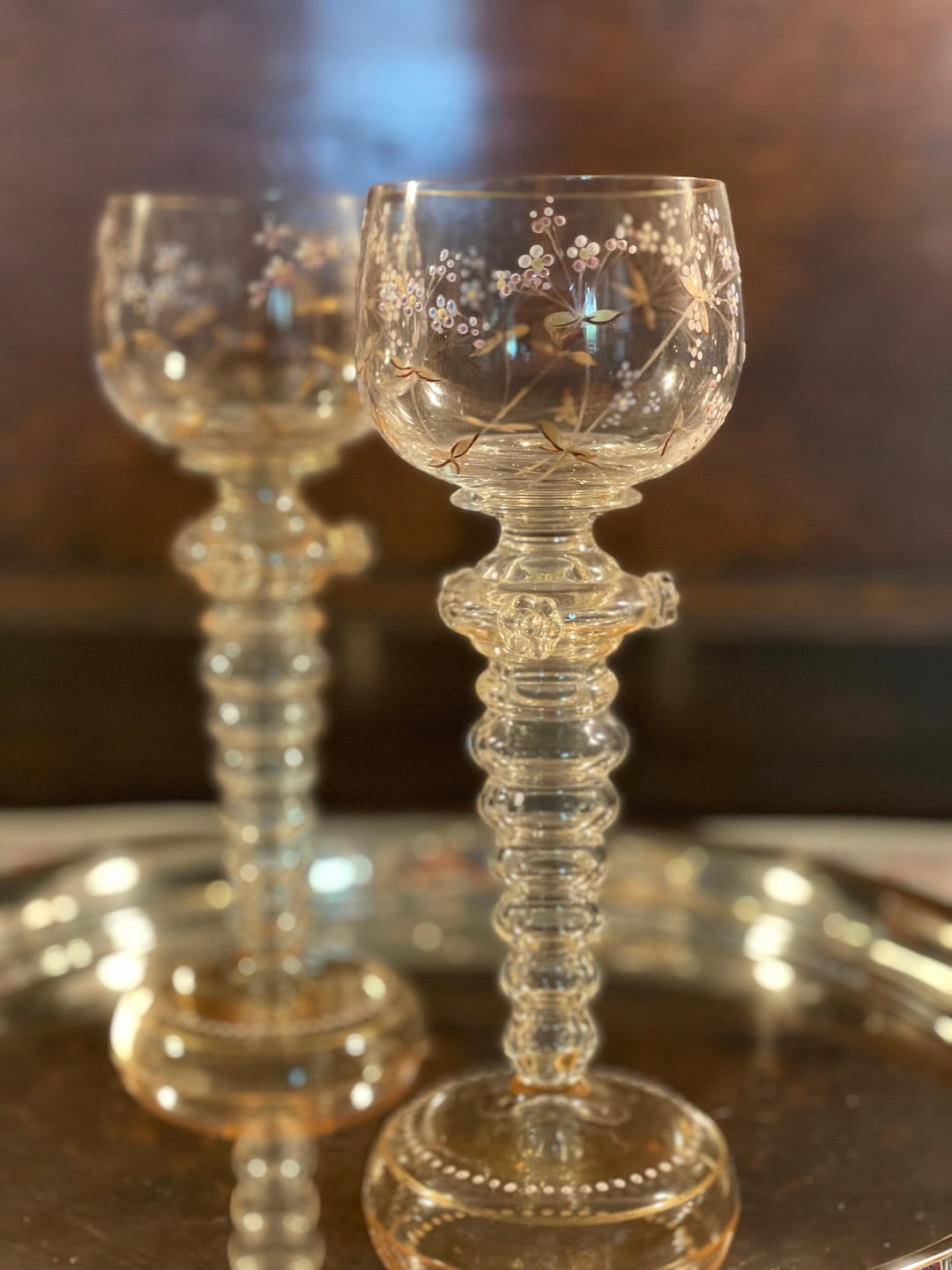 Antique Fritz Heckert Glass Factory Pair Wine Hocks W/bubble Stem ...