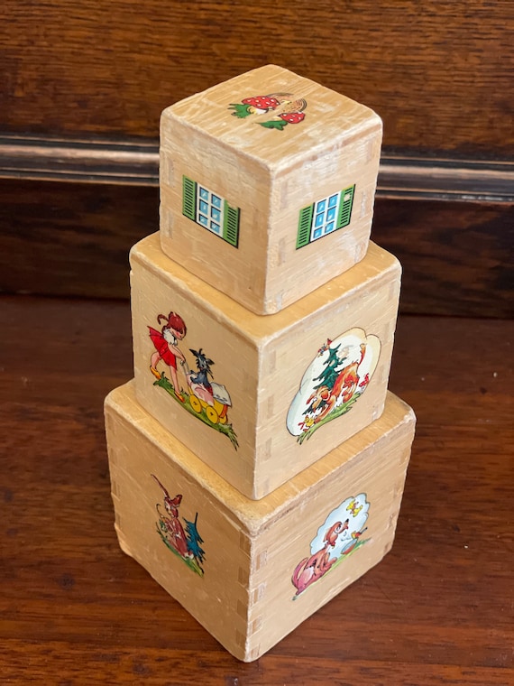 Mid-Century Wooden Nested Nursery Blocks Set/3, Anima… - Gem