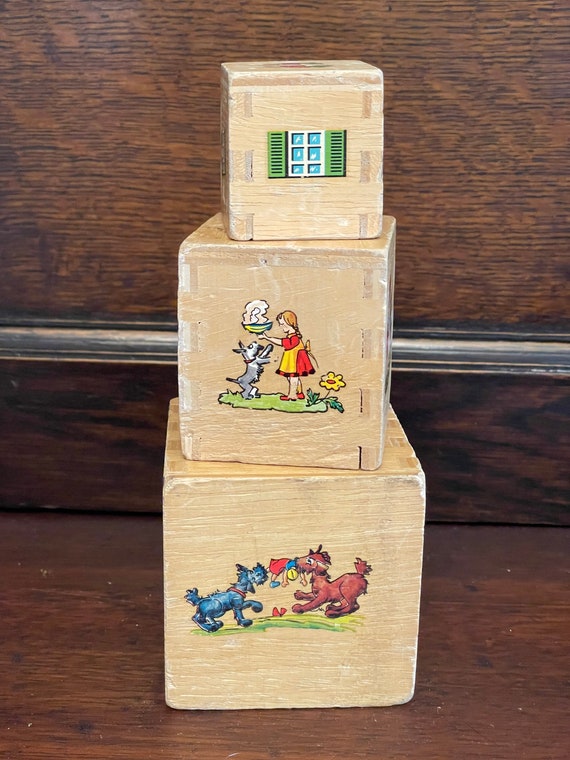 Mid-Century Wooden Nested Nursery Blocks Set/3, Anima… - Gem