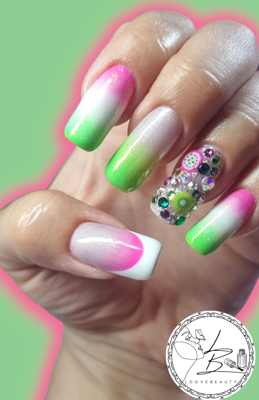 Pink and Green Summer Nails, Watermelon Nails, Fruity Nails, LUXURY ...