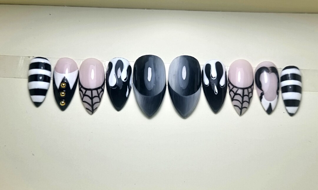 Halloween Nails, Wednesday Nails, Goth, Black Nails, LUXURY PRESS ON ...
