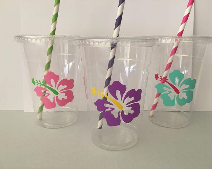 Luau/hawaiian Themed Party Cups With Lids and Bamboo Striped Straws ...