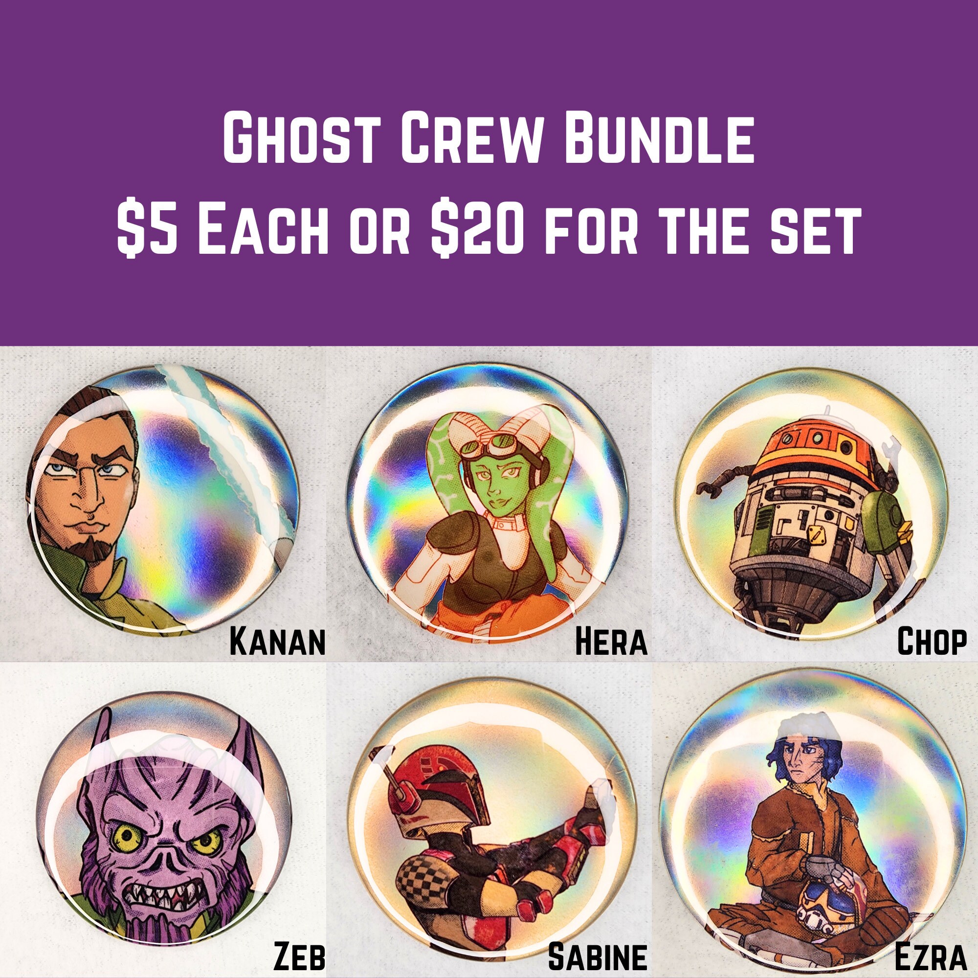 Holographic Metallic Pin Back Buttons 2.25 Rebels, Clone Wars, Ghost ...