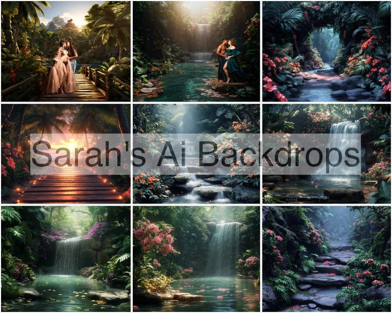 NINE Jungle Waterfall Garden Digital Backdrops, Maternity Backdrops, Studio Backdrops, Digital ...