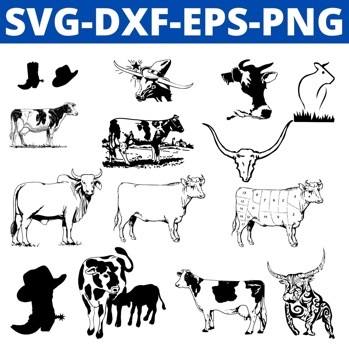 Cow Bull Calf Svg Bundle Cricut Silhouette Vector Svg Eps Dxf Png Files ...
