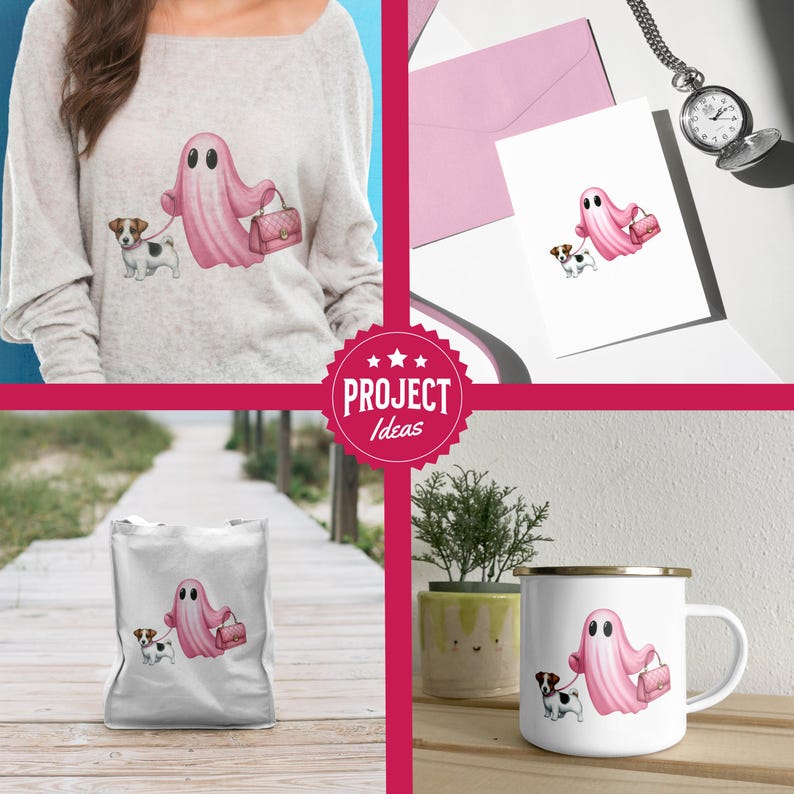Fun Pink October Halloween Ghost Walking a Jack Russell Terrier ...