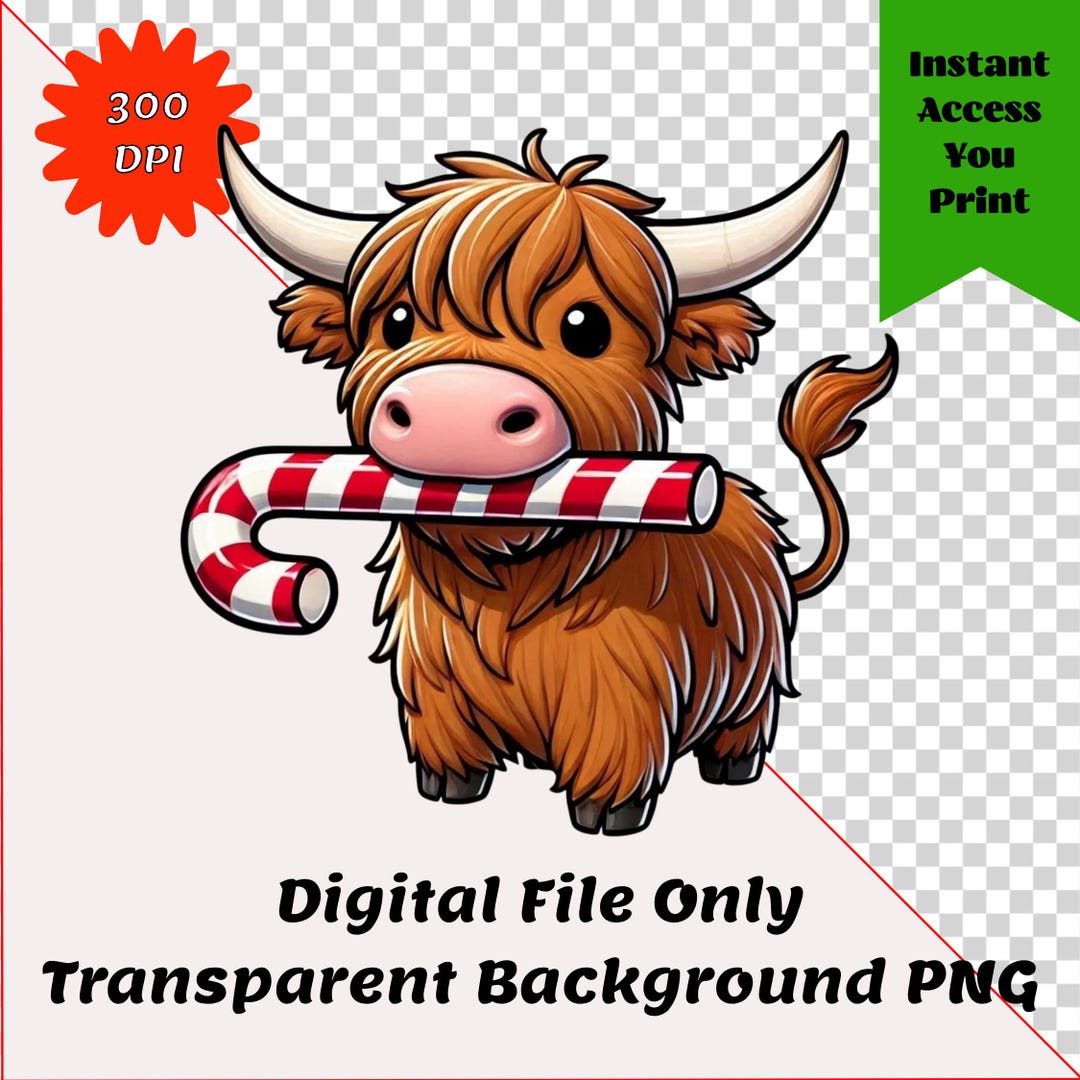 Christmas Chibi Highland Cow Candy Cane PNG Image File, Commercial Use ...