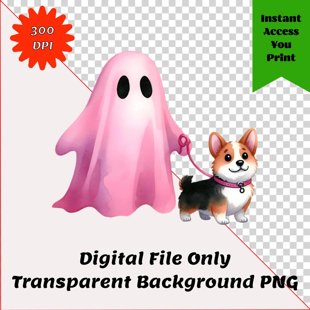 Pink Ghost Walking a Corgi Instant Digital Download Transparent ...