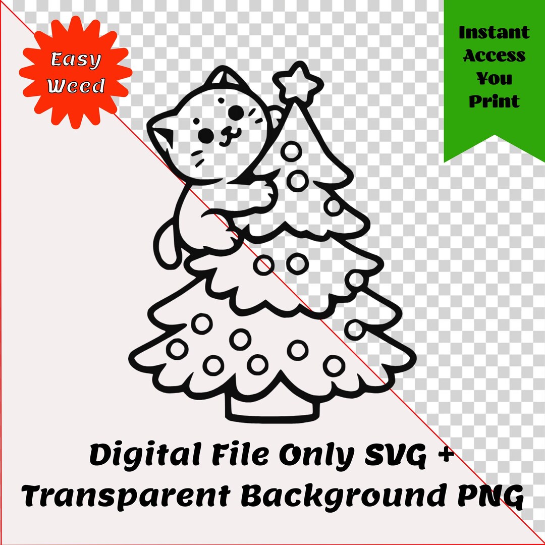 Cute Chibi Cat Climbing Christmas Tree Vector SVG PNG Image File ...