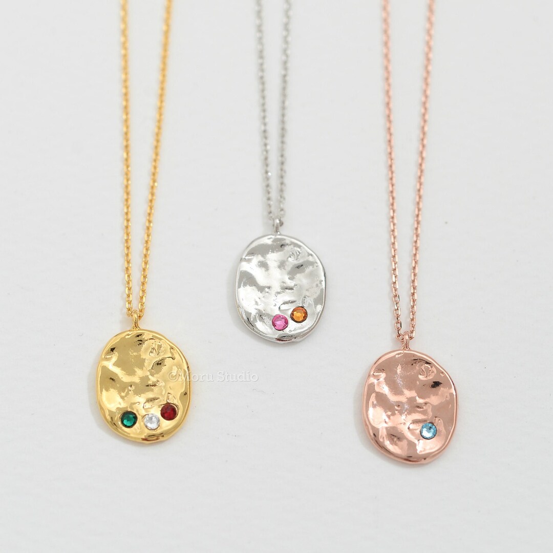Custom Birthstone Hammered Disk Necklace/ Kids Birth Stones - Etsy