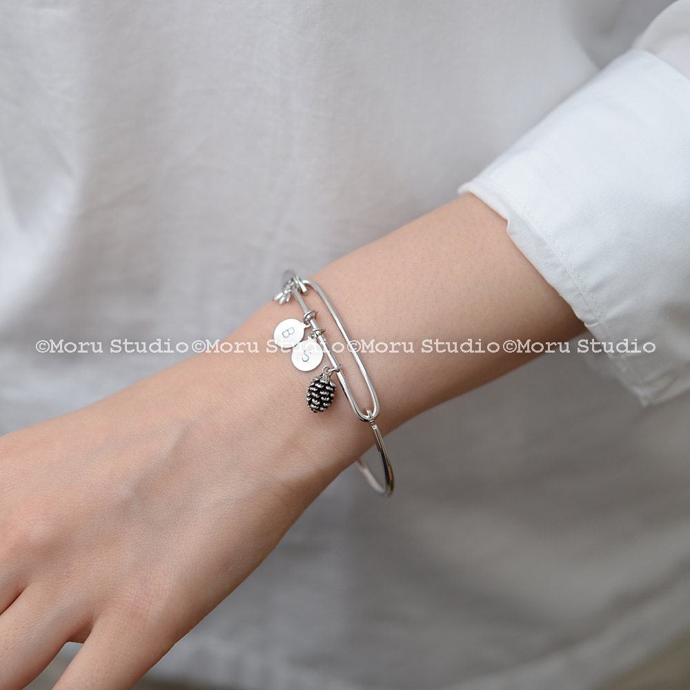 Pinecone Bee Charm Bangle With Initial Disc Silvergold Rose - Etsy