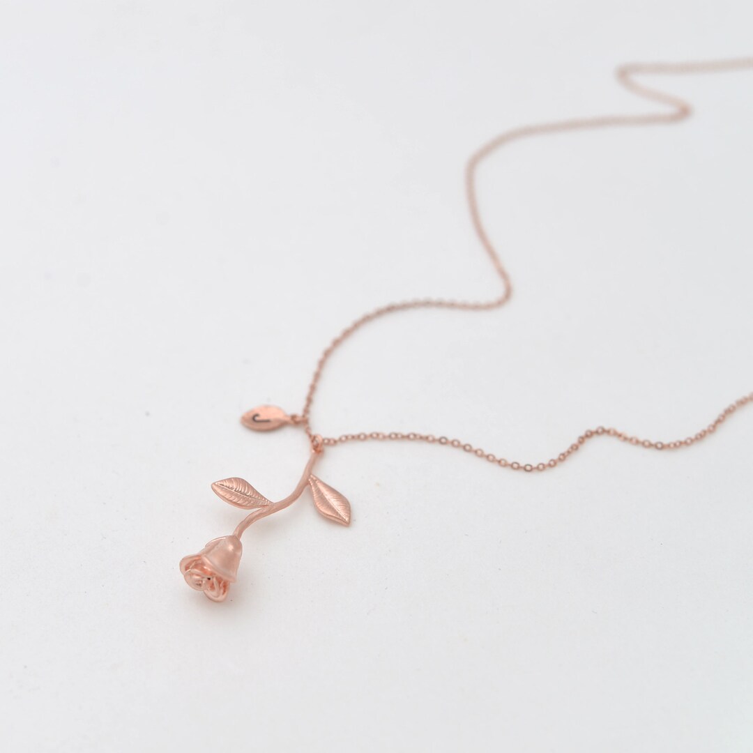 Personalized Rose Stem Necklace With Initial Leaf • Flower Necklace ...