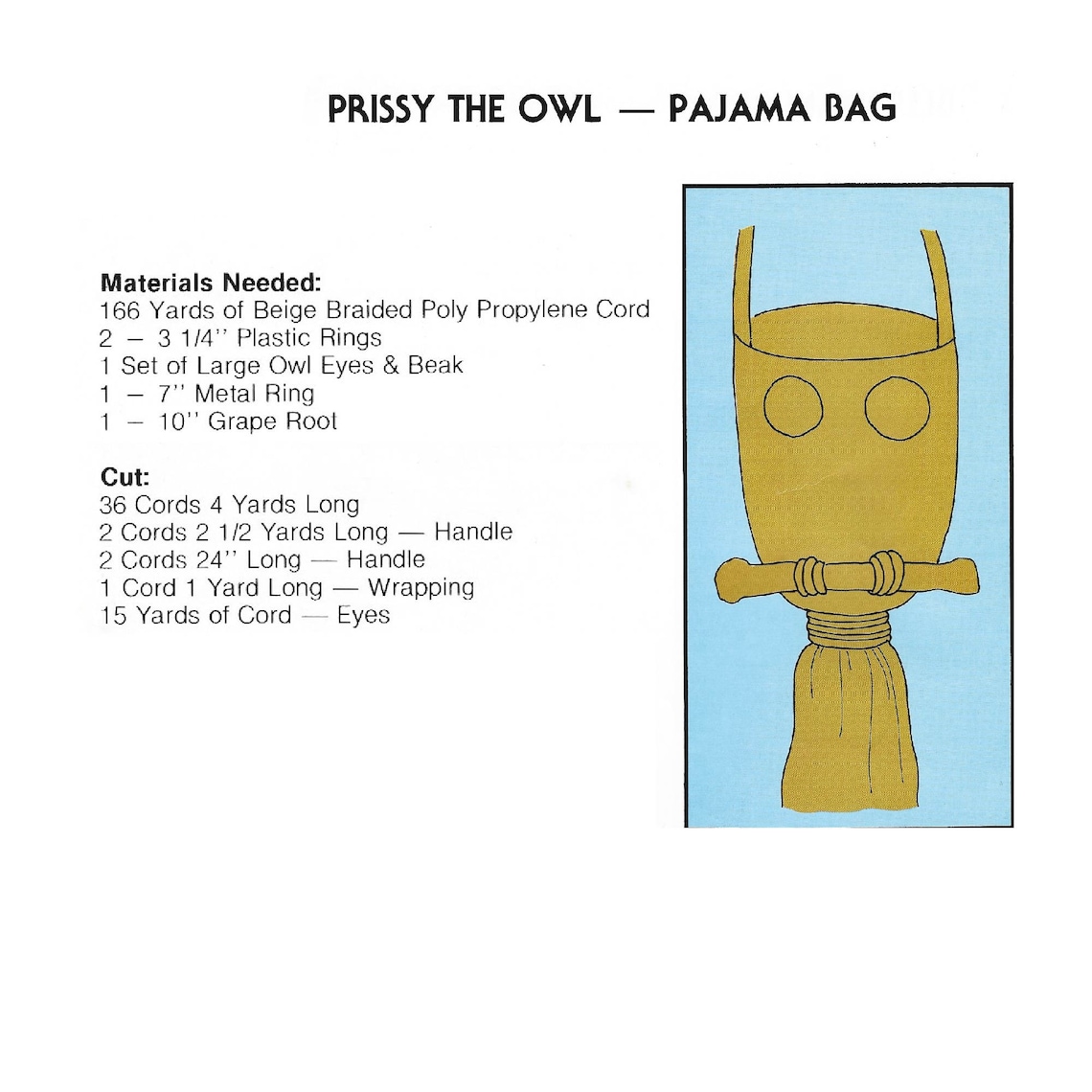 Original Vintage "prissy the Owl- Pyjama Bag" Macrame Pattern - Etsy