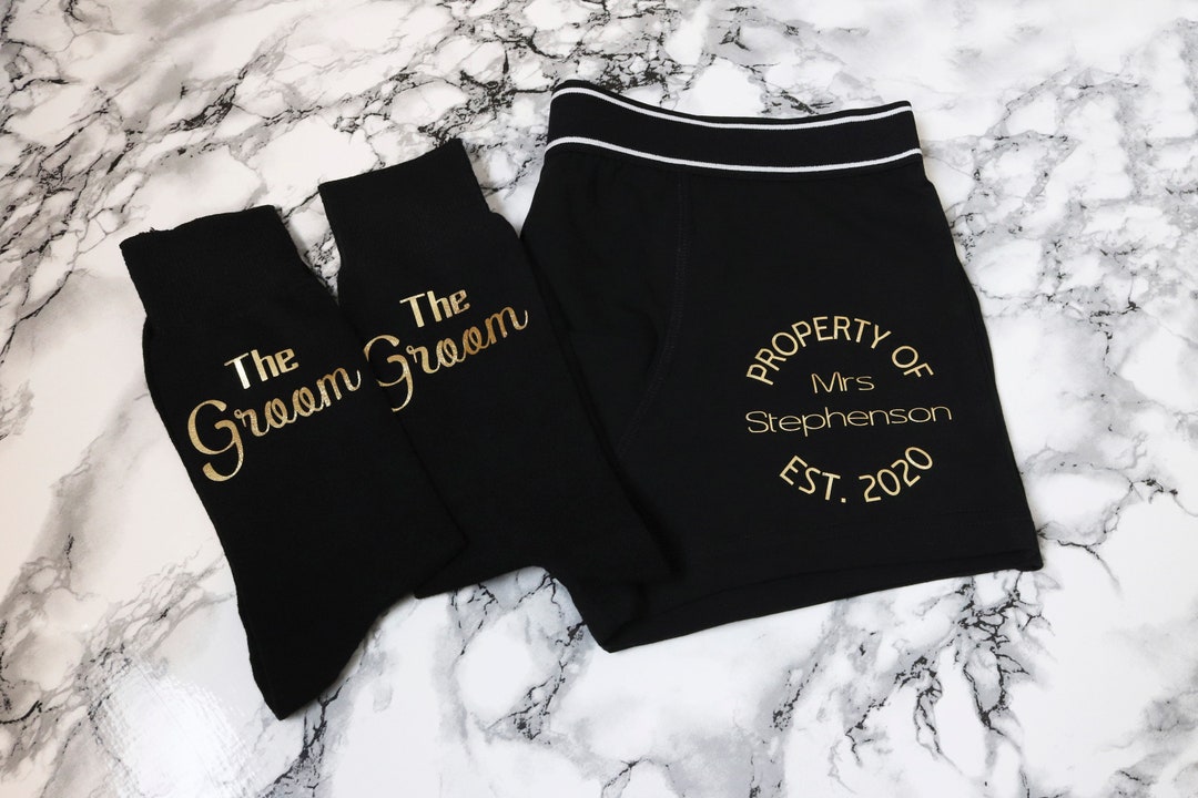 Personalised Groom Gift, Groom Boxer Shorts and Socks, Property of Mrs ...