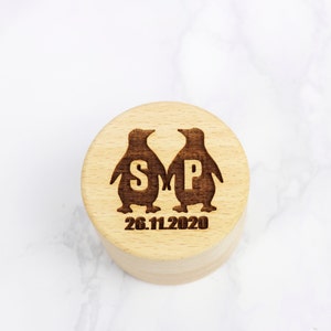 Personalised Wooden Ring Box, Penguin Design, Wedding Ring Box, Round ...