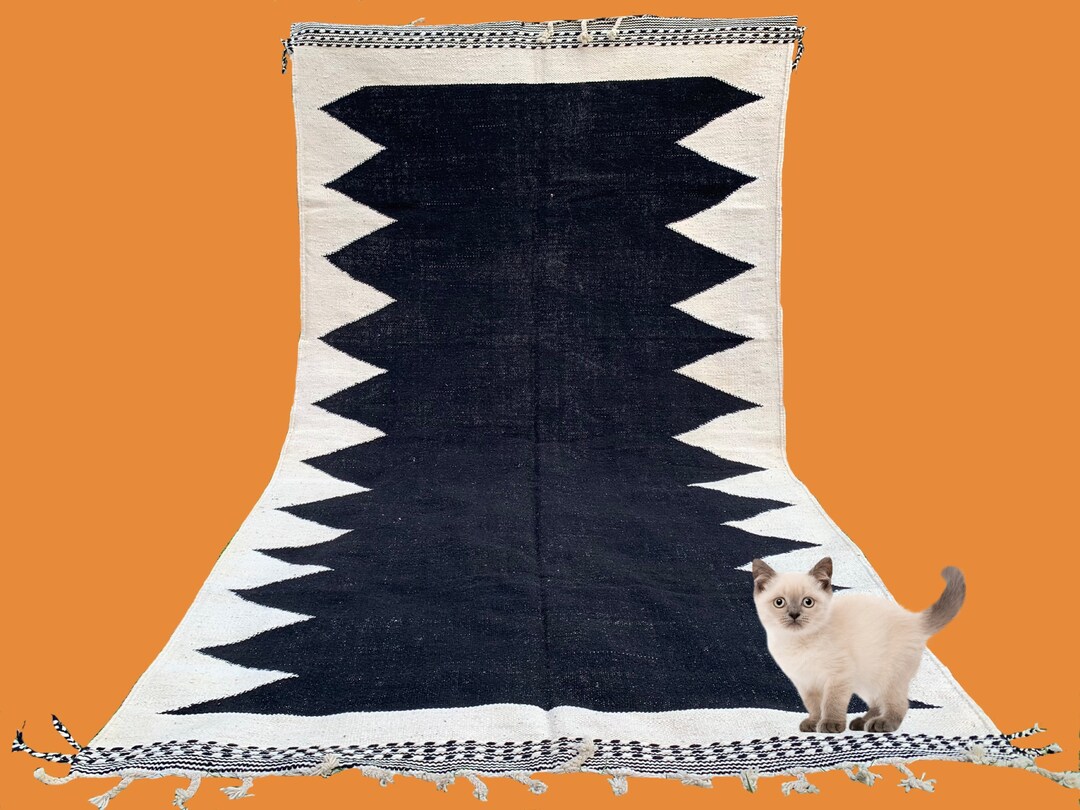 Handmade Black & Ivory Berber Kilim Rug: Large Moroccan Hanbel (6.5x11 ...