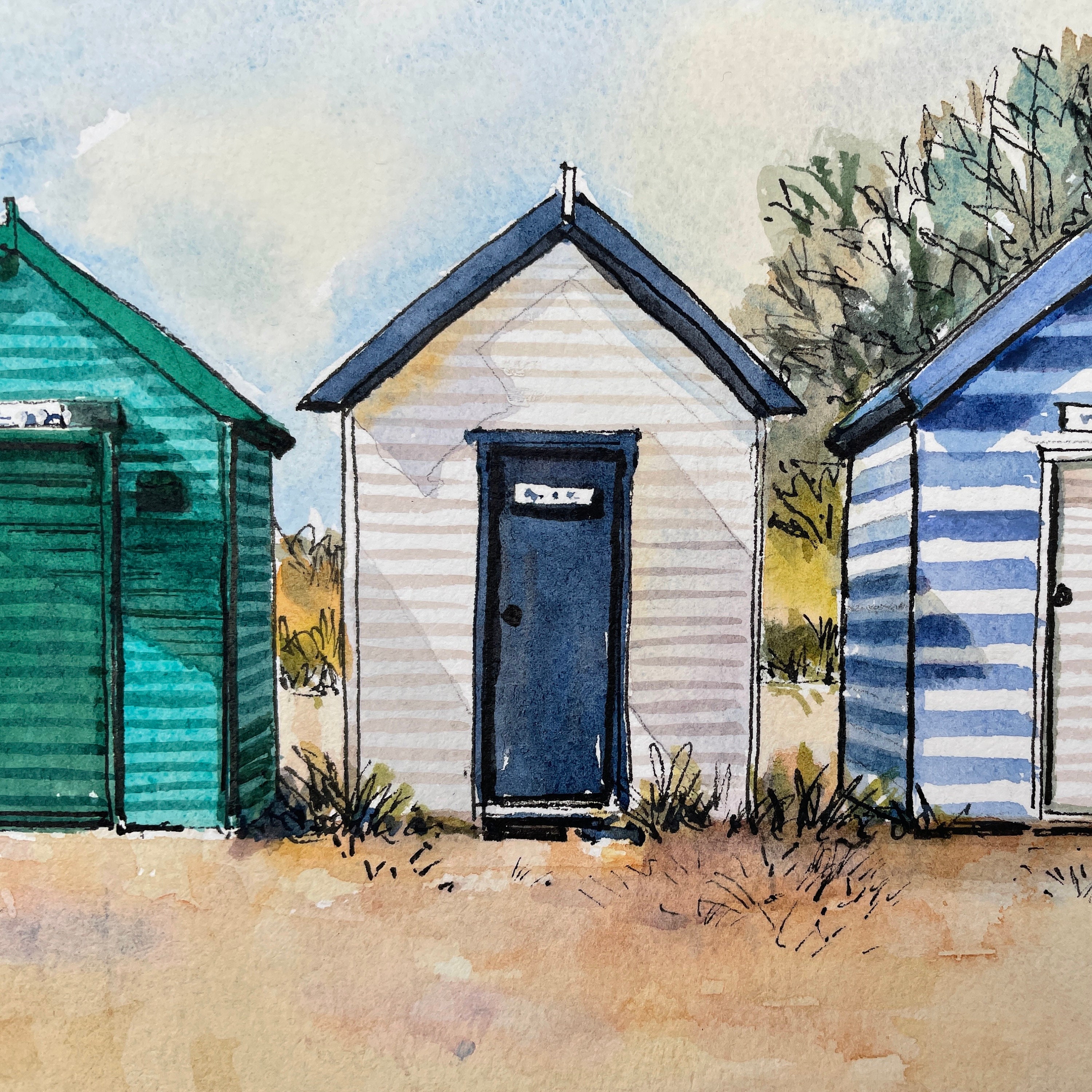 Original Watercolour Painting Beach Huts Artwork Australian Art Unique ...