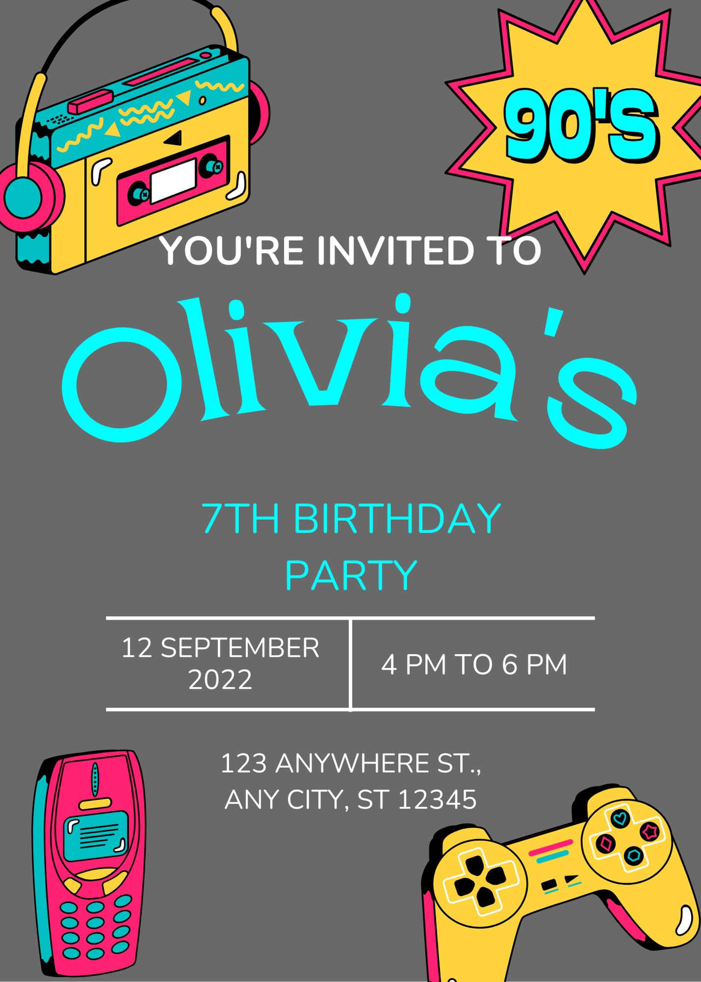 90s Retro Tech Birthday Invitation | Editable Digital Template | Neon ...