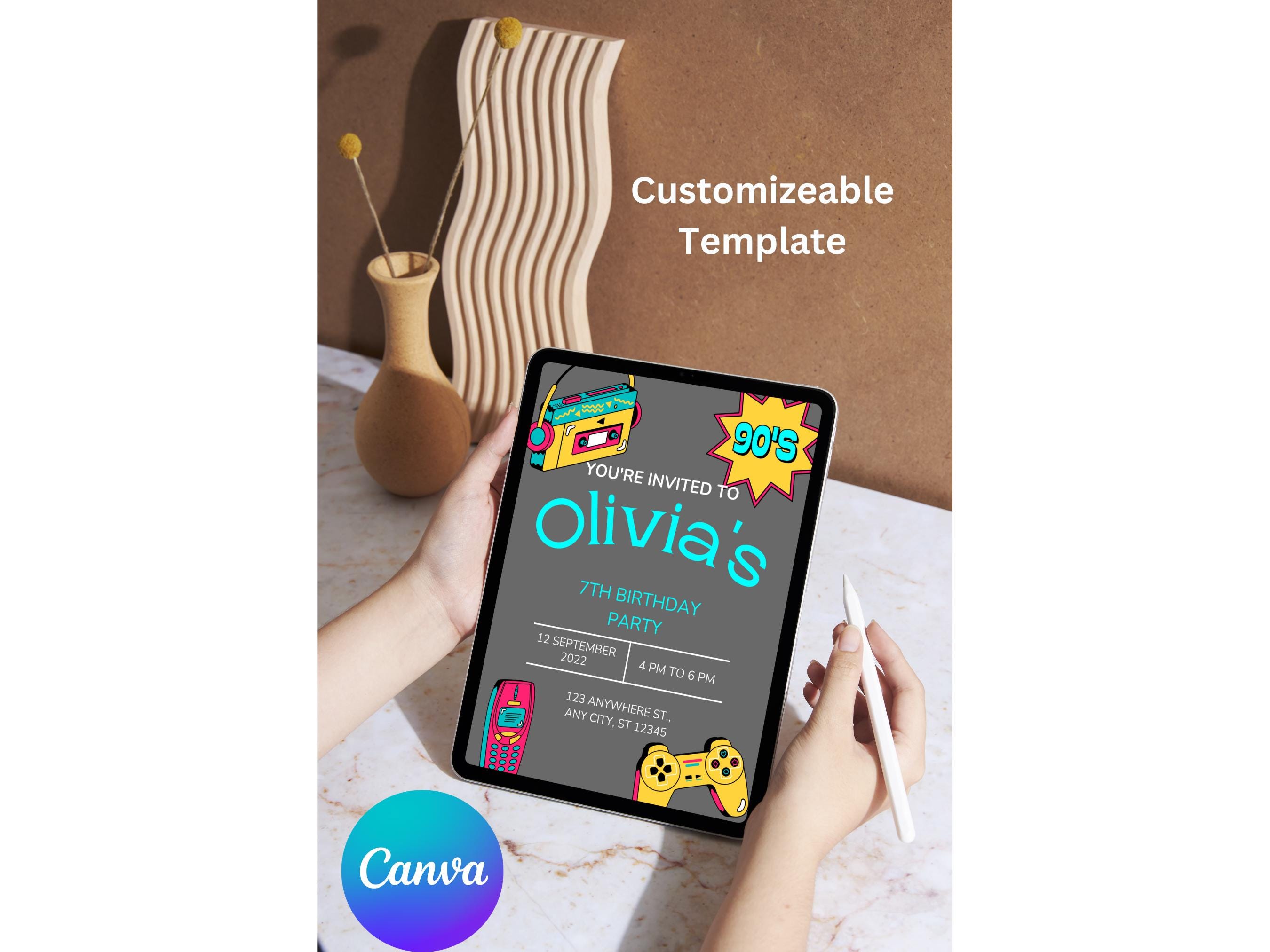 90s Retro Tech Birthday Invitation | Editable Digital Template | Neon ...