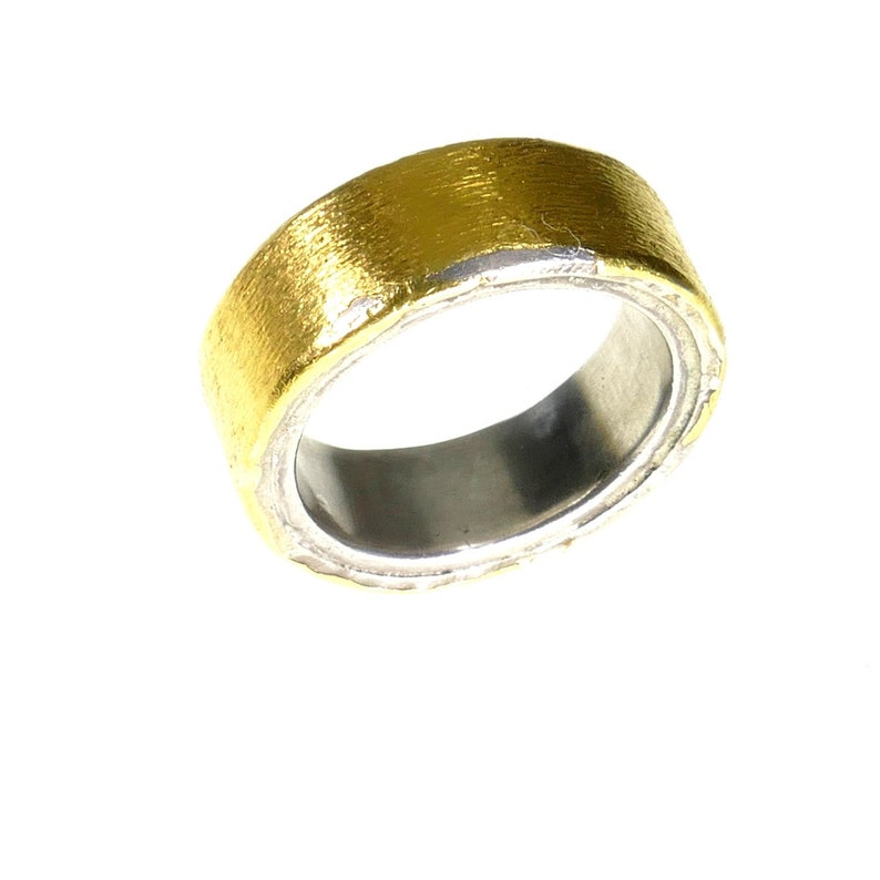Wide Unisex Brushed 24k Gold Ring With Sterling Silver Band. - Etsy