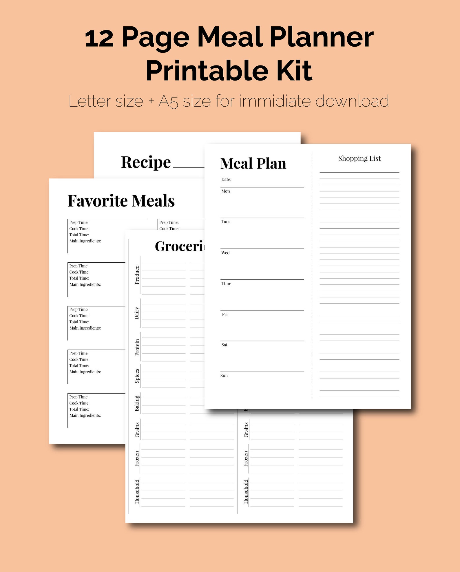 MEAL PLANNER Grocery List Pdf | Recipe Cards | Week Planner Food ...