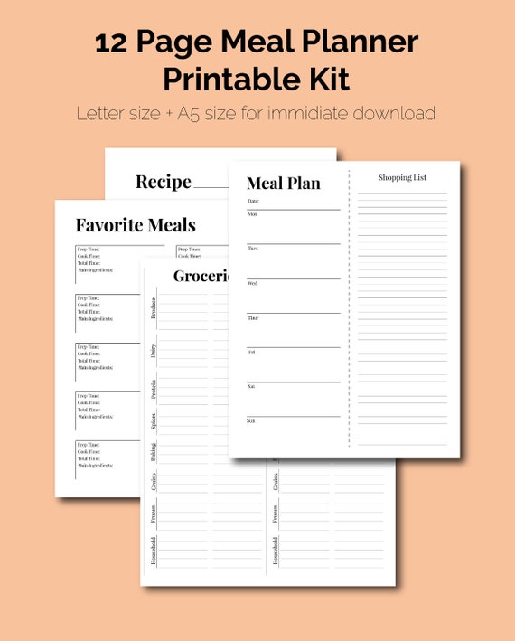 MEAL PLANNER Grocery List Pdf Recipe Cards Week Planner - Etsy