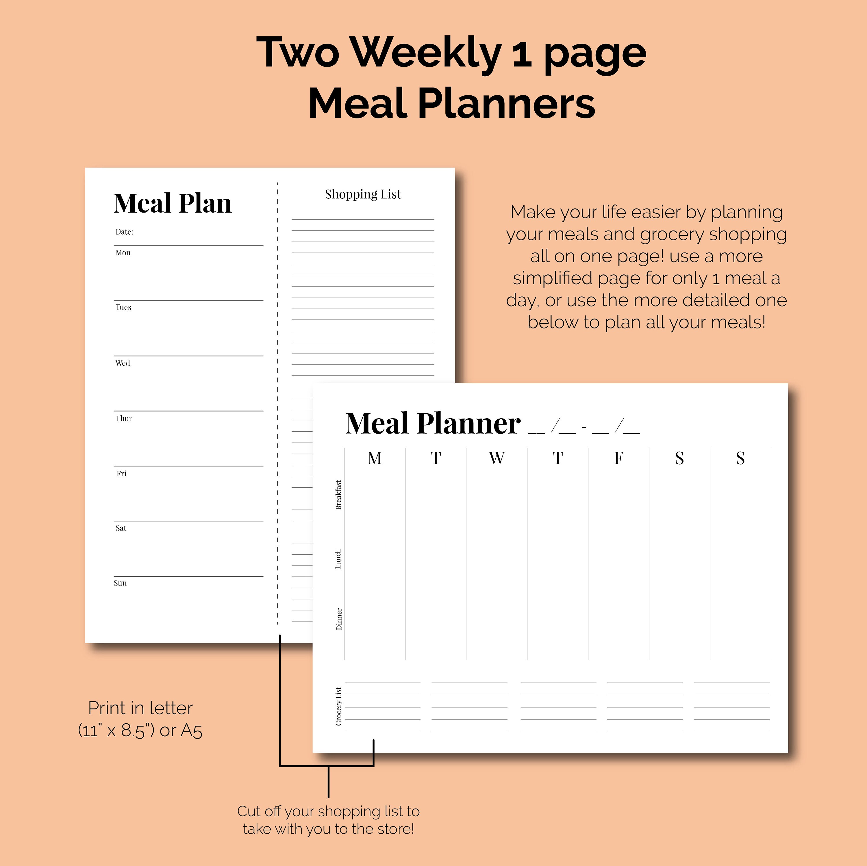 MEAL PLANNER Grocery List Pdf | Recipe Cards | Week Planner Food ...