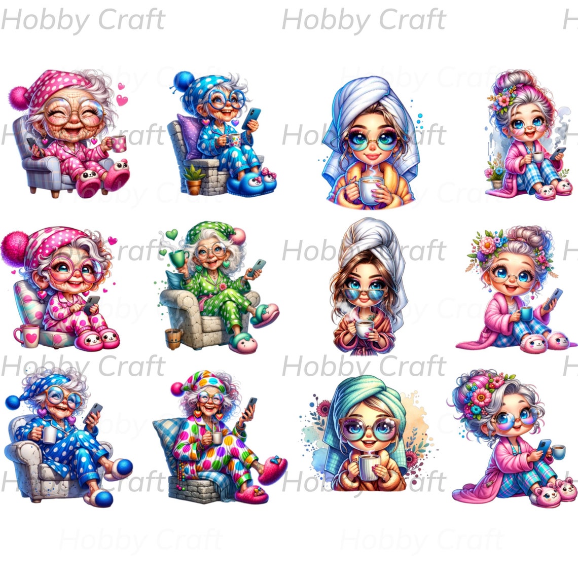 Chibi Cute Granny Pajamas Clipart - Digital Grandma Art for Sublimation ...