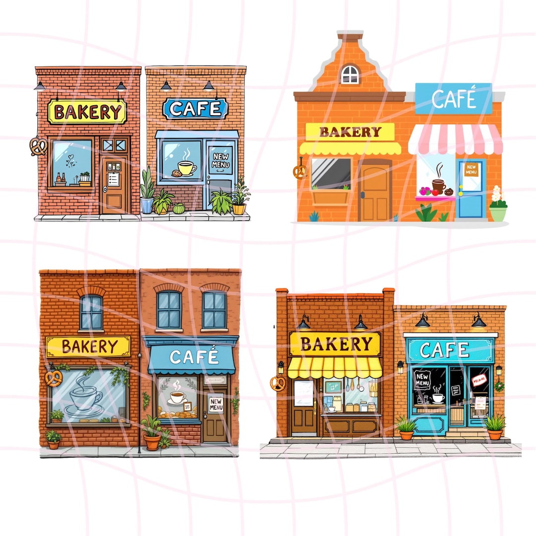 Bakery & Cafe Storefront Clipart Bundle: Shop Illustrations (PNG ...