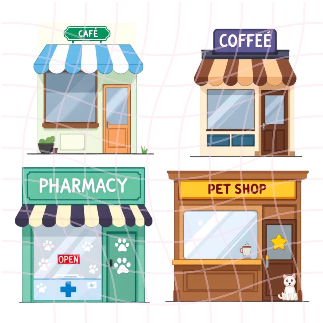 Cartoon Storefront Clipart Bundle PNG 4 Cute Pet-friendly Shop ...