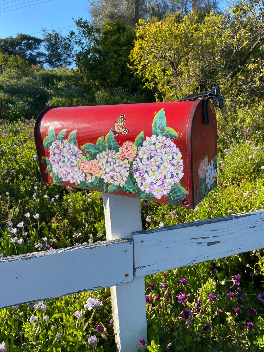 Hand Painted Mailboxes, Wall or Post Style Antique Red Hydrangea Roses ...