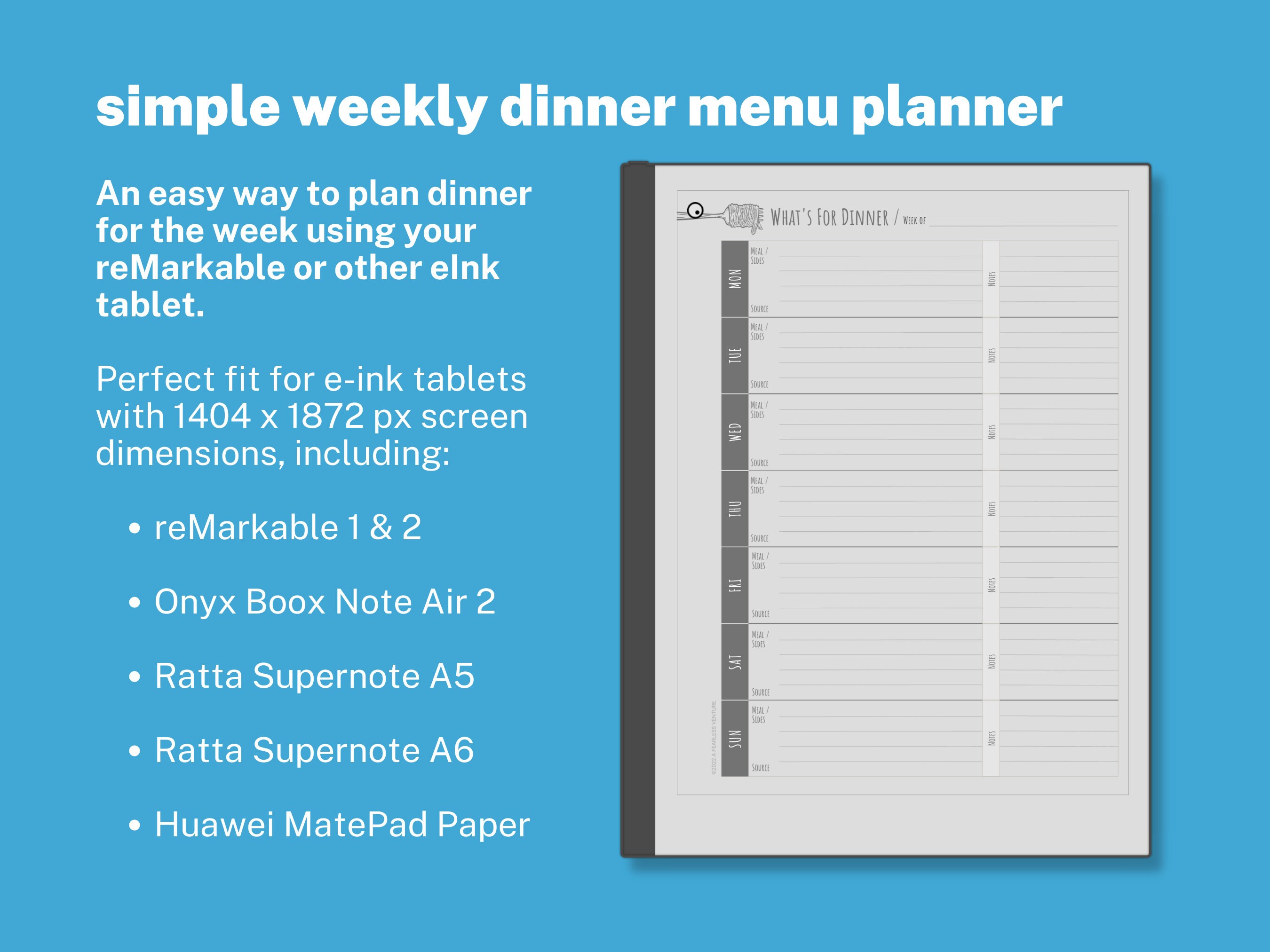 Simple Weekly Dinner Menu Planner With Grocery List - for Eink Tablets ...