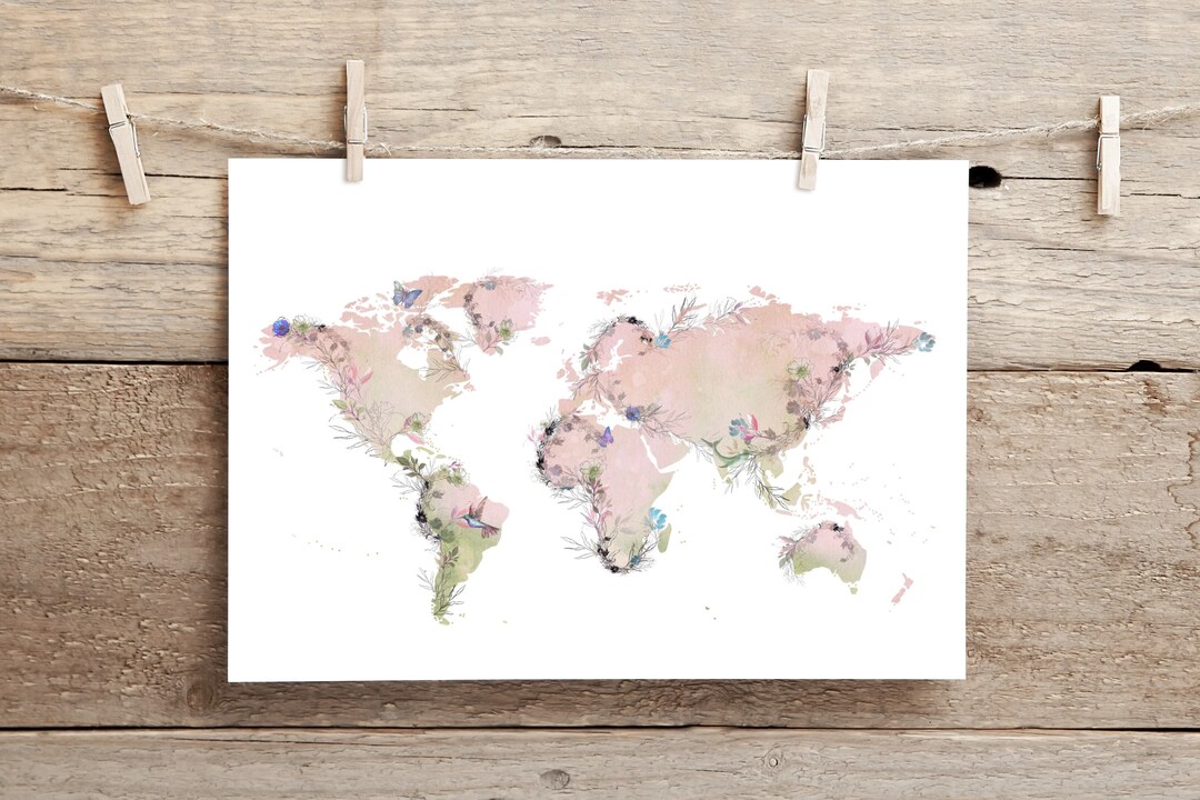 World Map Print - Floral Art - World Map Poster - Watercolour ...