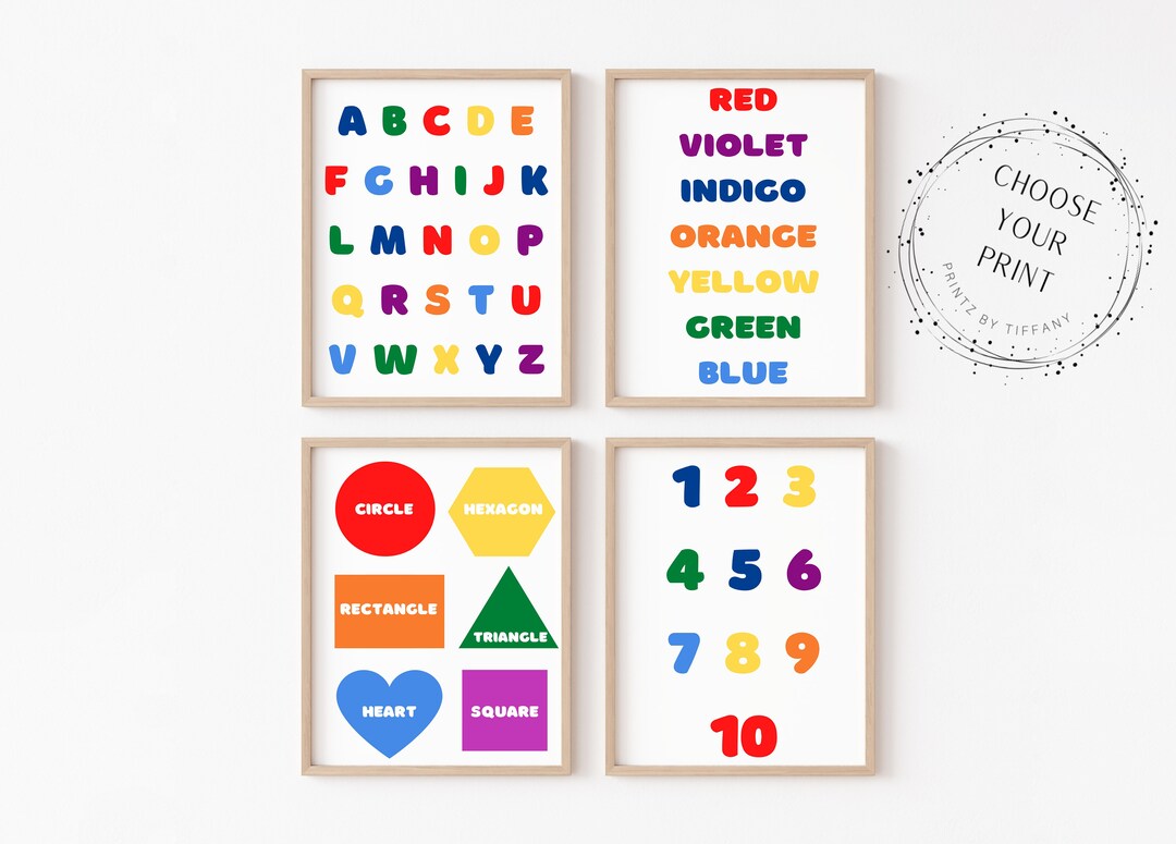 Rainbow Alphabet Numbers Shapes Colours Set of 4 Nursery Wall - Etsy