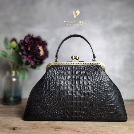 Leather bag leather purse kiss lock leather purse leather | Etsy