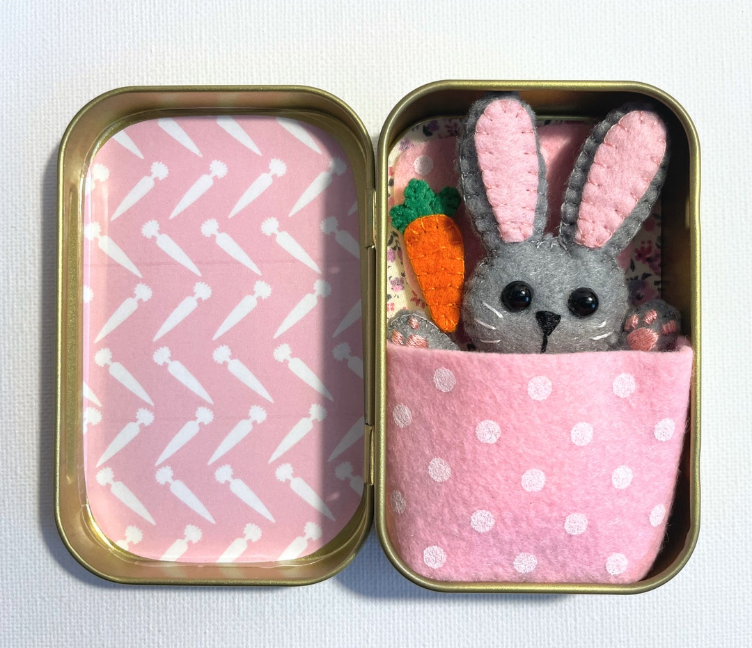 Grey Bunny Rabbit Friend in a Tin, Hand Sewn Felt Bunny Rabbit, Pocket ...