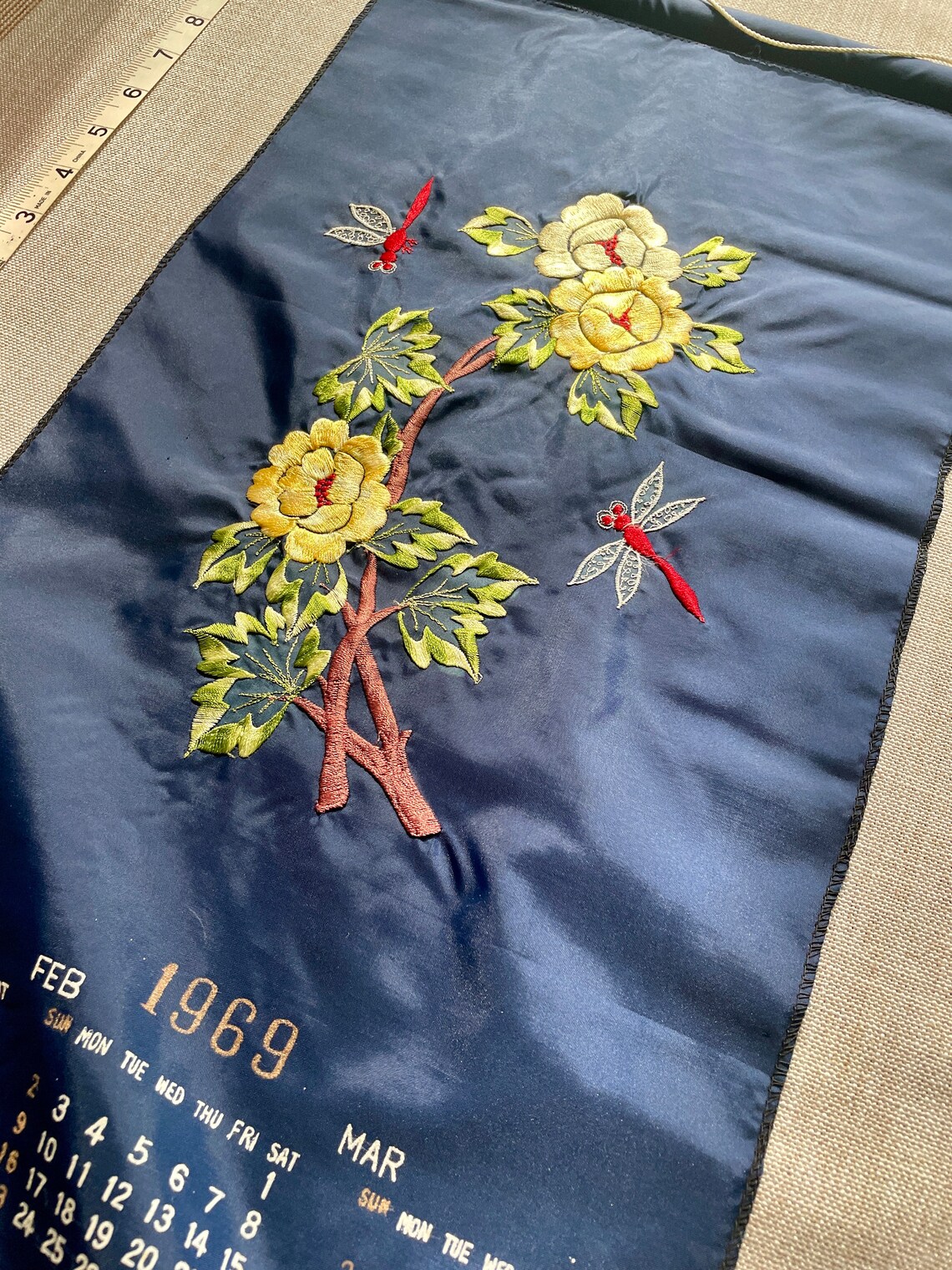 Large, 32 Long, 1969 Silk Scroll Wall Calendar, Embroidered Flowers ...