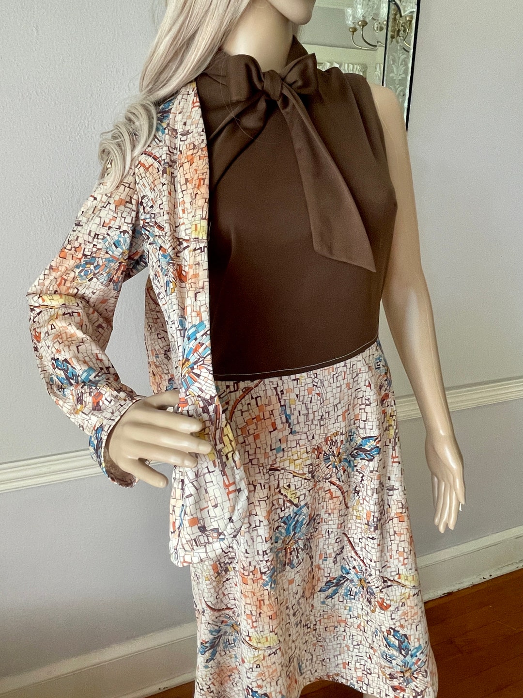 1960s Vintage Dress & Jacket Set, Stained Glass Pattern Poly, Neck Bow ...