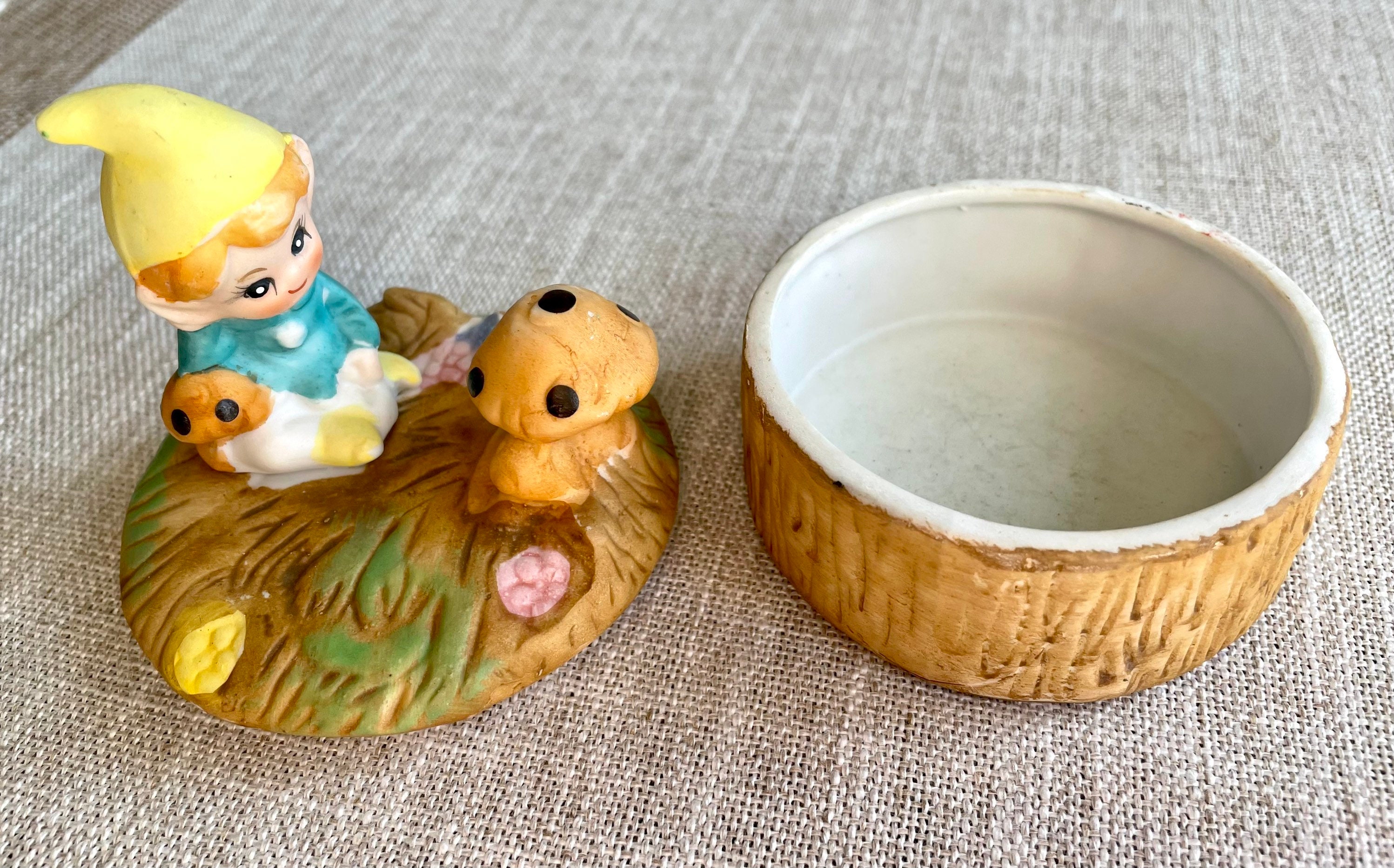 1960s 70s Vintage Faux Bois Ceramic Homco Elf Gnome Trinket Box ...