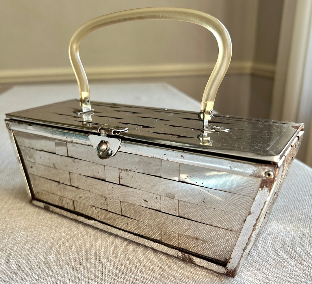 Vintage Elongated Silver Metal Basket Weave Box Purse, Lucite Handle ...